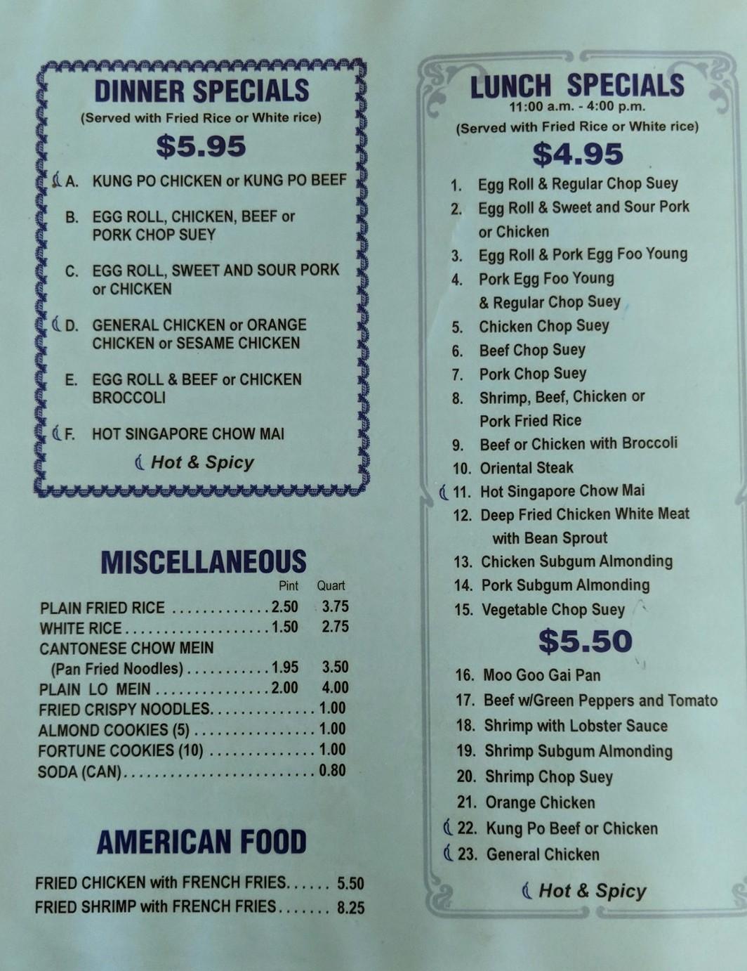 Menu at China Star restaurant, Lakes of the Four Seasons