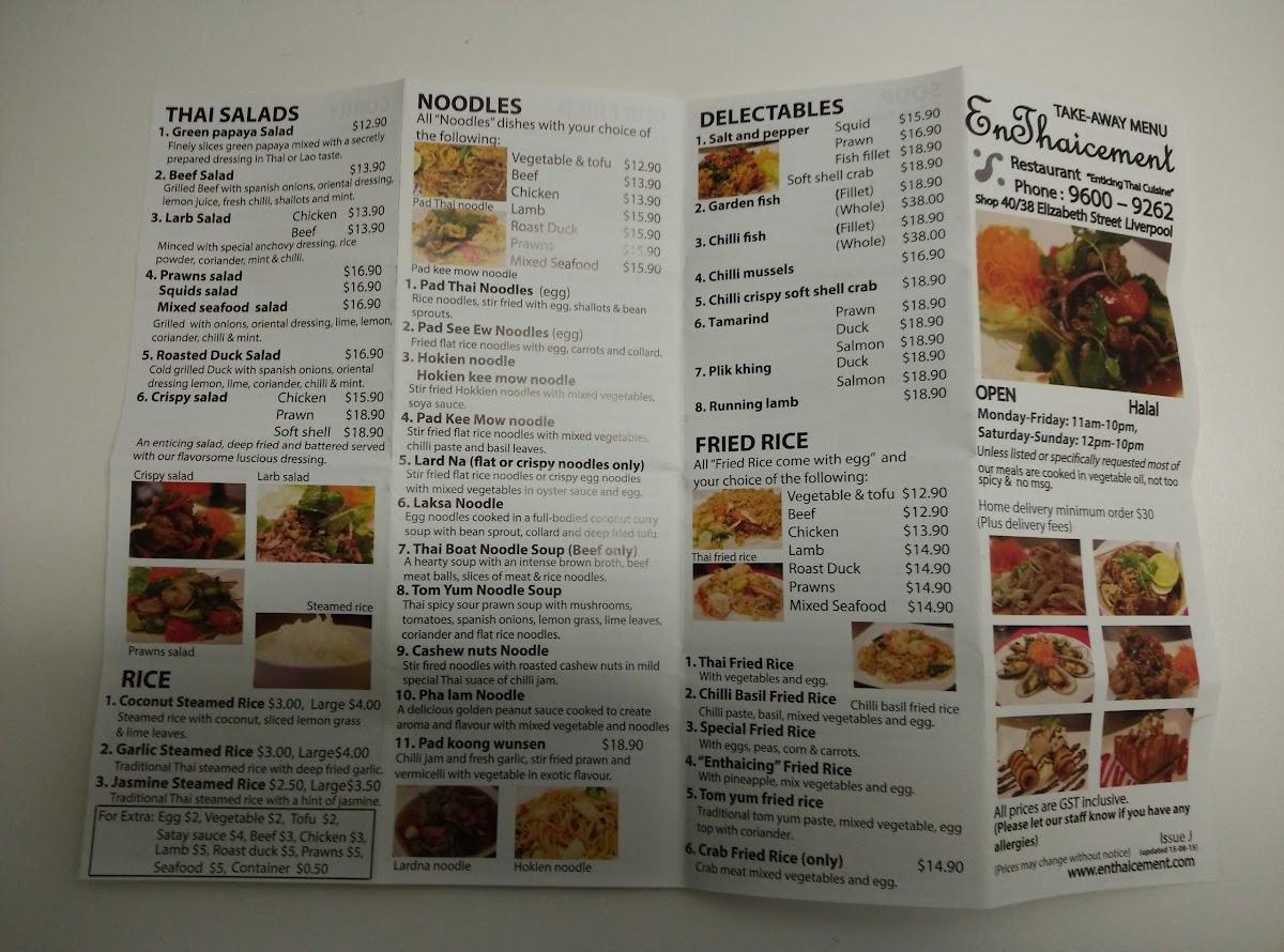 Menu at Enthaicement Thai Restaurant, Liverpool