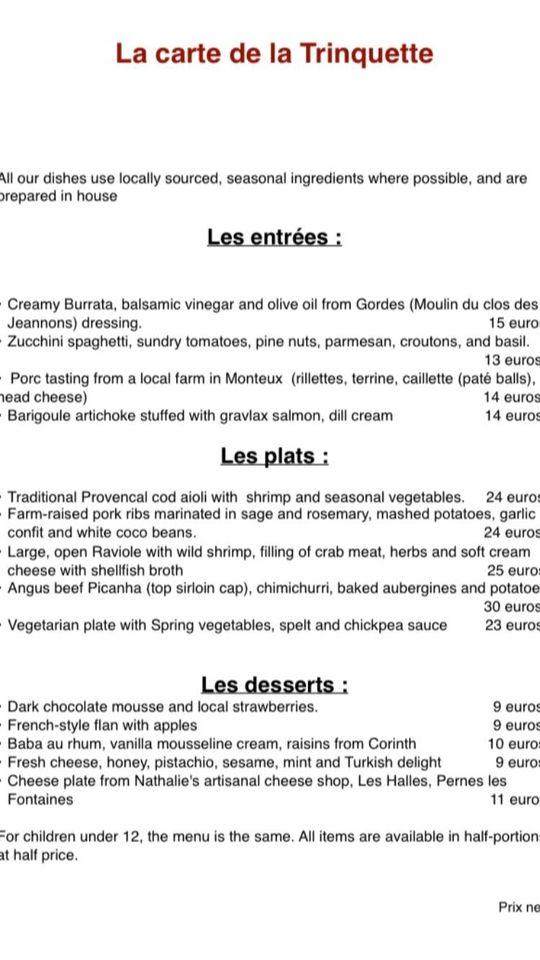 Menu at La Trinquette restaurant, Gordes