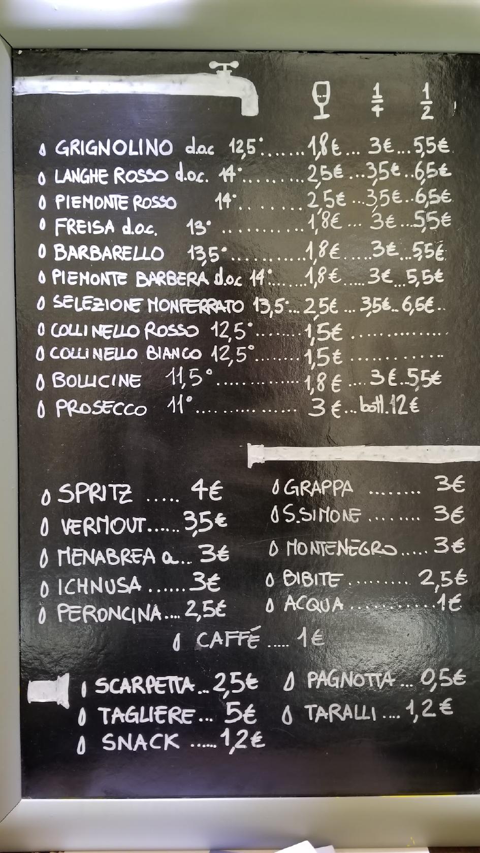 Menu at Litro Galleria pub & bar, Turin