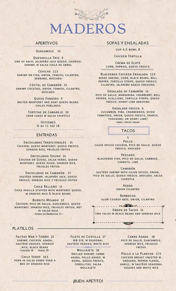 Menu at Maderos Cocina Mexicana restaurant, Redondo Beach
