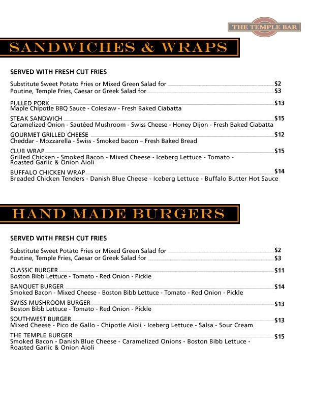 Menu at Oakville's Temple Bar, Oakville
