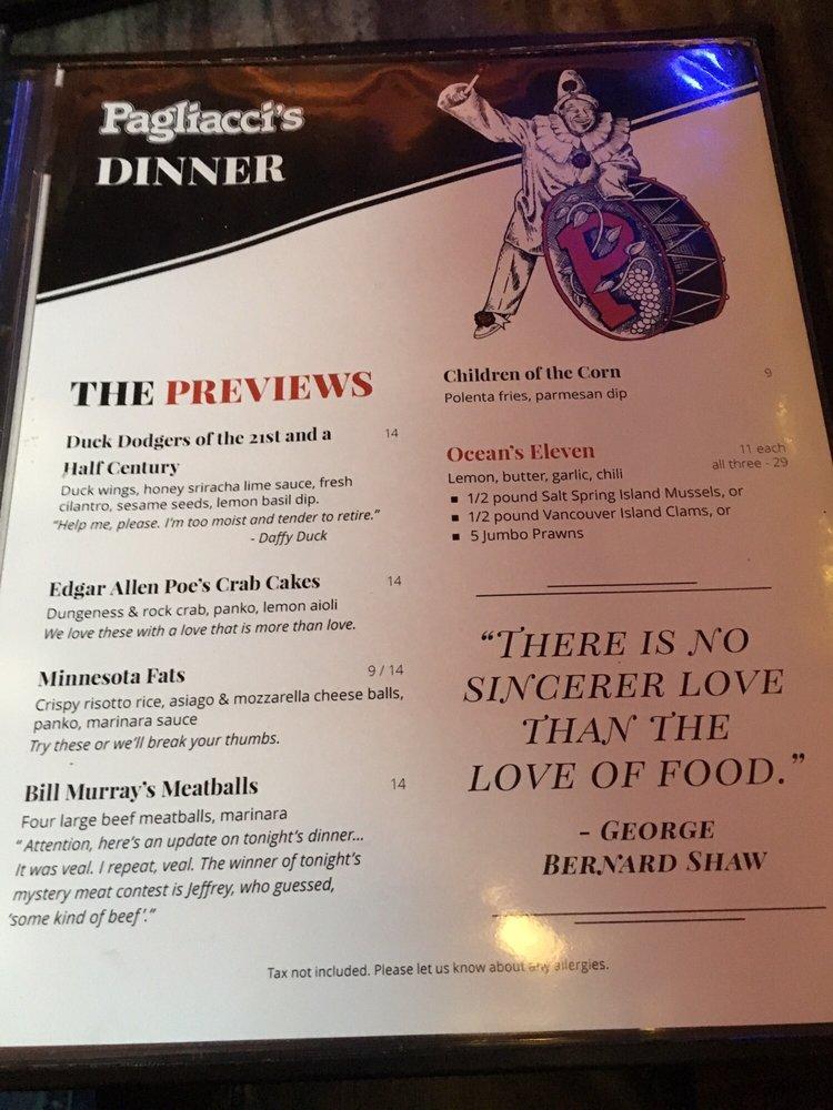 Menu at Pagliacci's steakhouse, Victoria