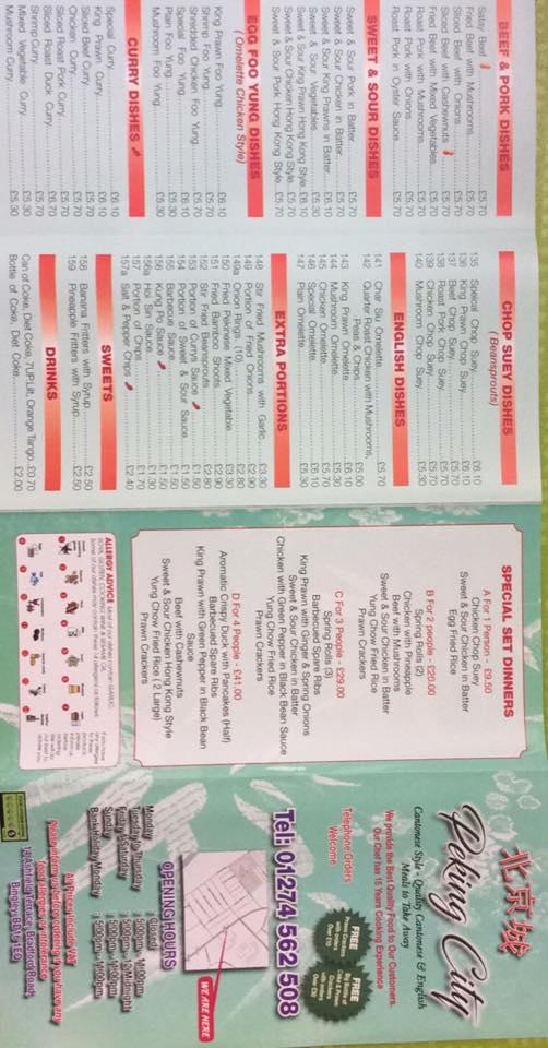 Menu at Peking City fast food, Bingley