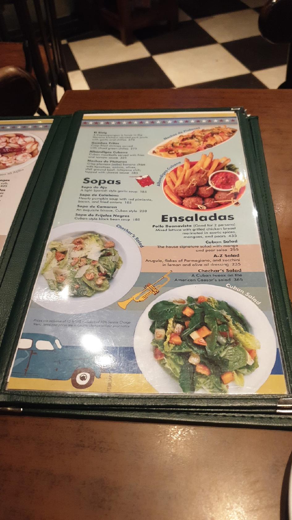 Menu at Cafe Cubana, Makati, P Burgos