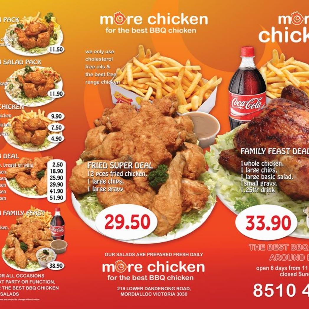 Menu at More Chicken restaurant, Mordialloc