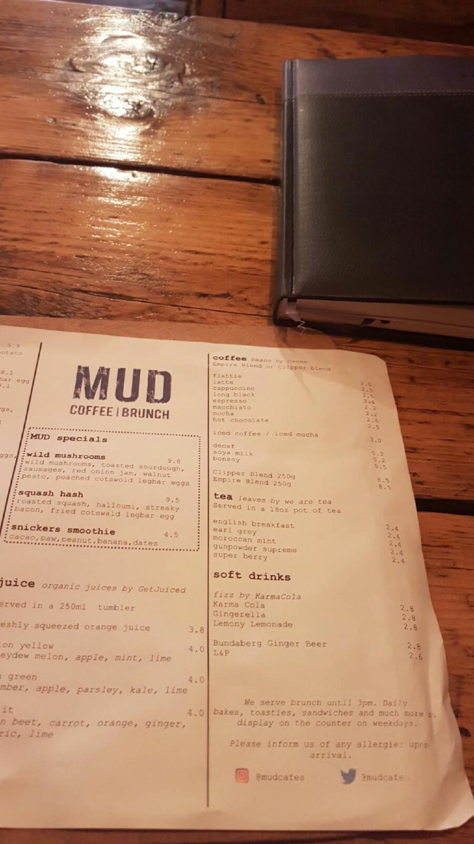 Menu at Mud cafe, London, 141 Mitcham Rd