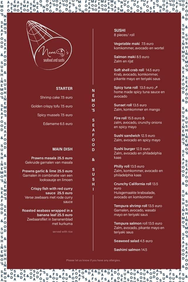 Menu at Nemo's seafood & sushi, Antwerp