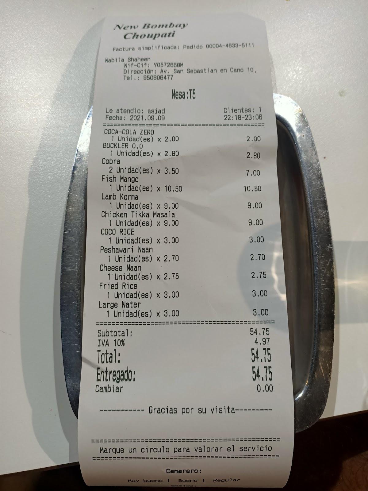 Carta de Restaurante New Bombay Choupati, España