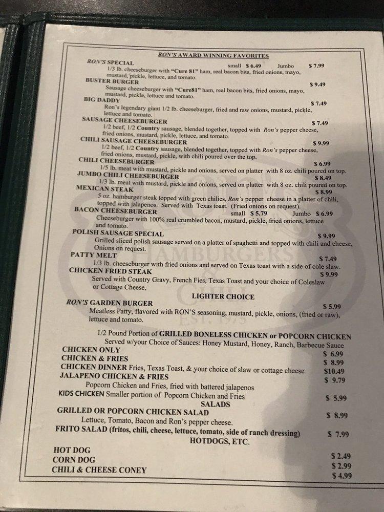 Menu at Ron's Hamburgers & Chili restaurant, Sand Springs, 233 S Adams Rd