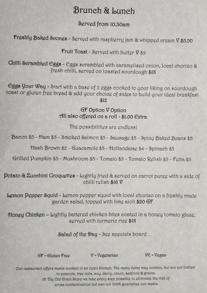 Menu at The Old Grain Store restaurant, Bairnsdale