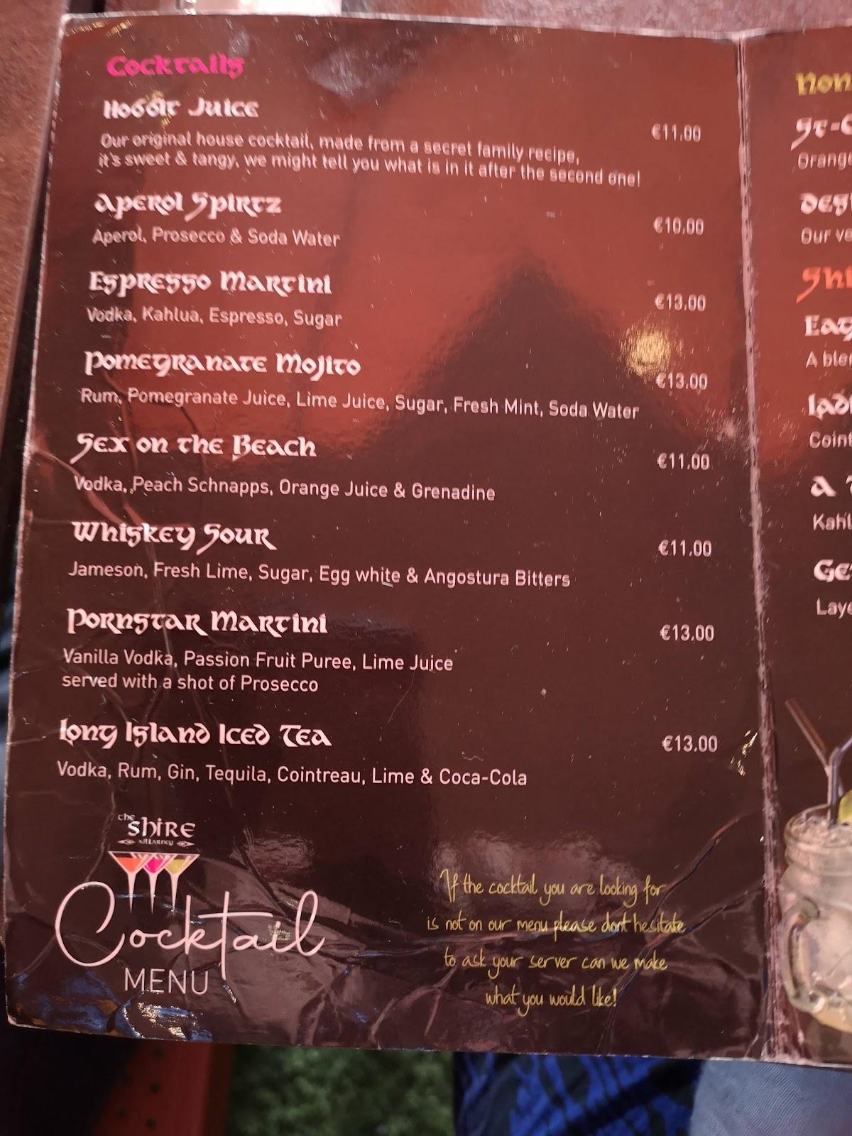Menu at The Shire Bar & Cafe, Killarney