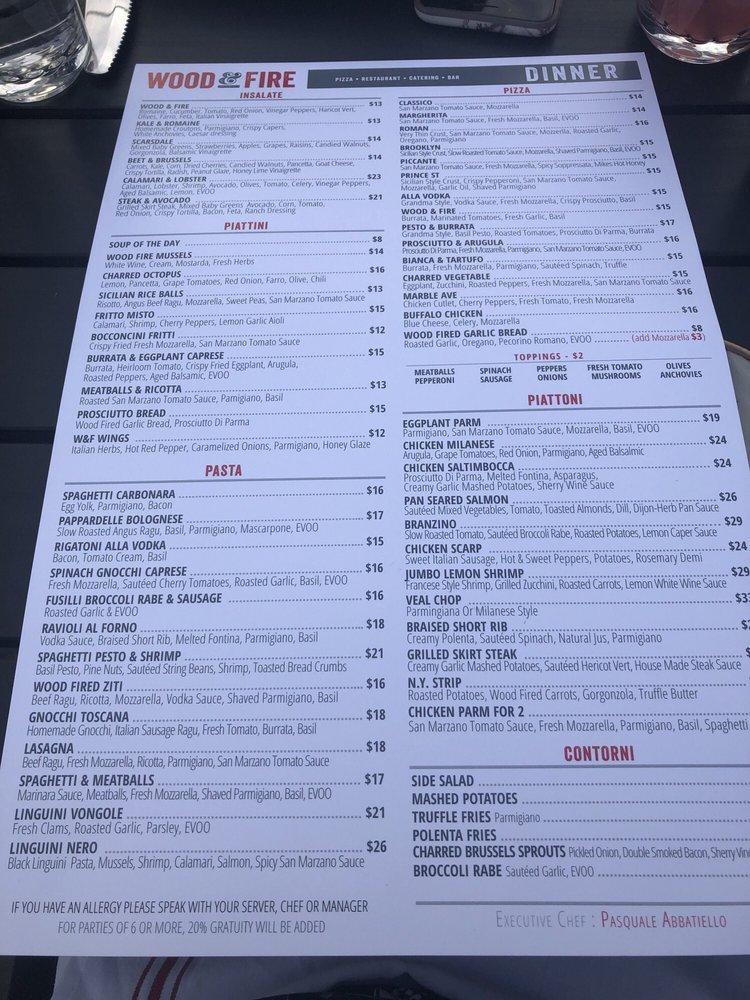 Menu at Wood & Fire Neapolitan Style Pizza pub & bar, Scarsdale