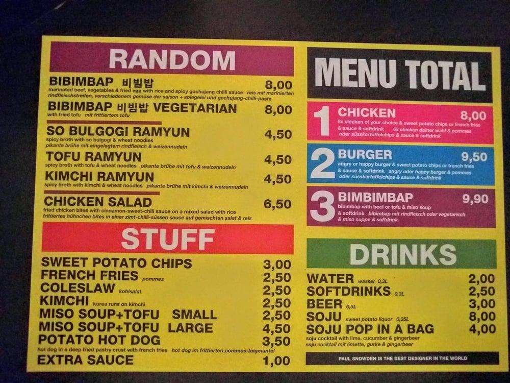 Menu at Angry Chicken fast food, Berlin, Oranienstraße 16