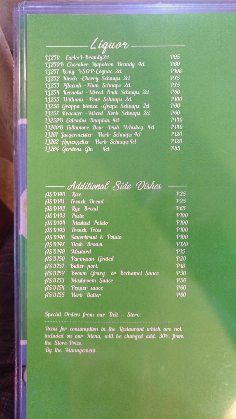 Menu at Bruno's restaurant, Puerto Princesa