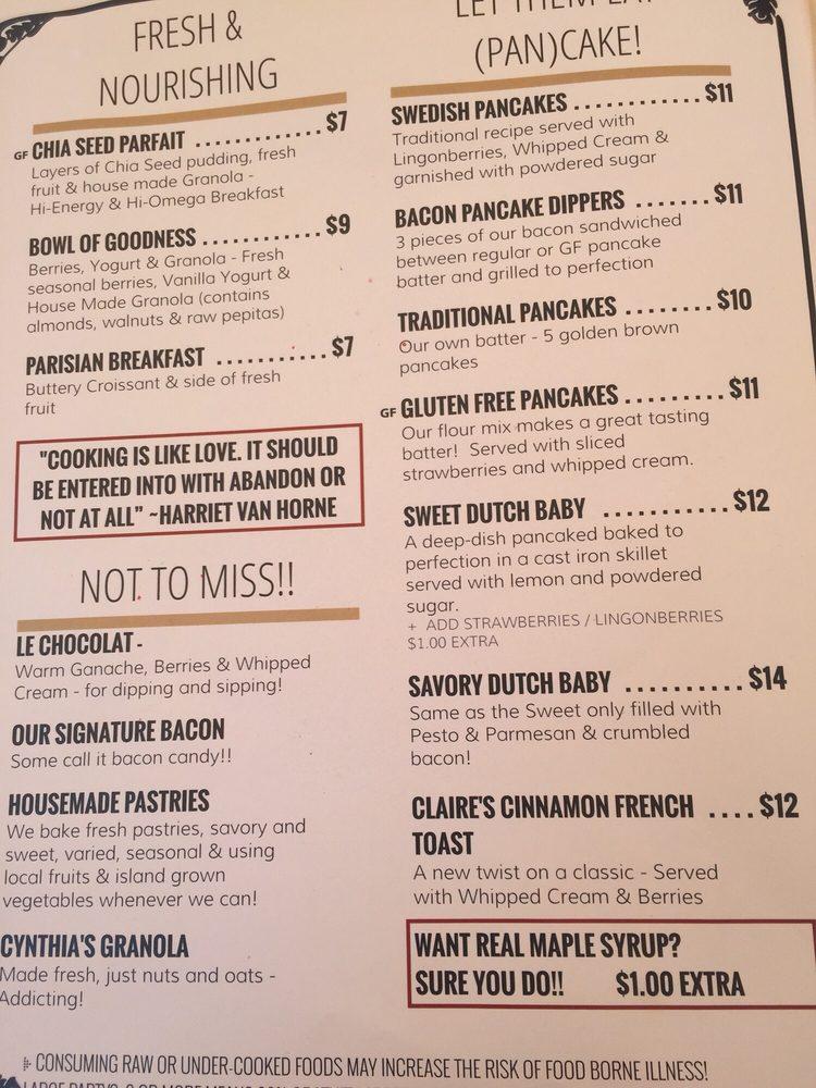 Menu at Cynthia's restaurant, Friday Harbor, 65 Nichols St