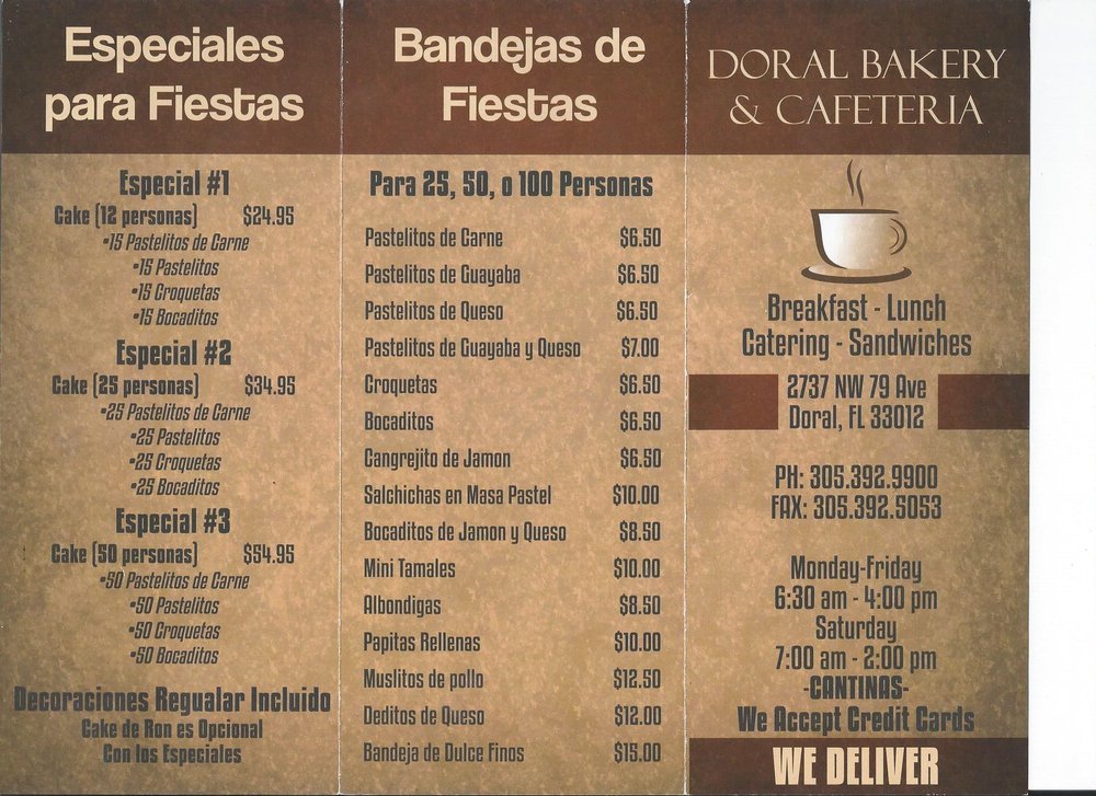 Menu at Doral Bakery Cafeteria, Doral