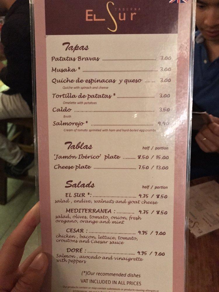 Menu at Taberna El Sur pub & bar, Madrid