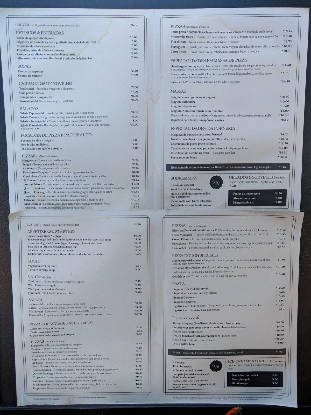 Menu em Forneria 1870 restaurante, Aveiro