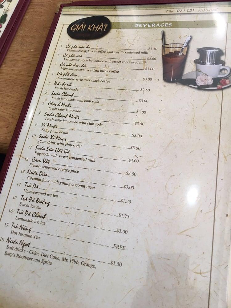 Menu at Pho Dai Loi #3 restaurant, Duluth