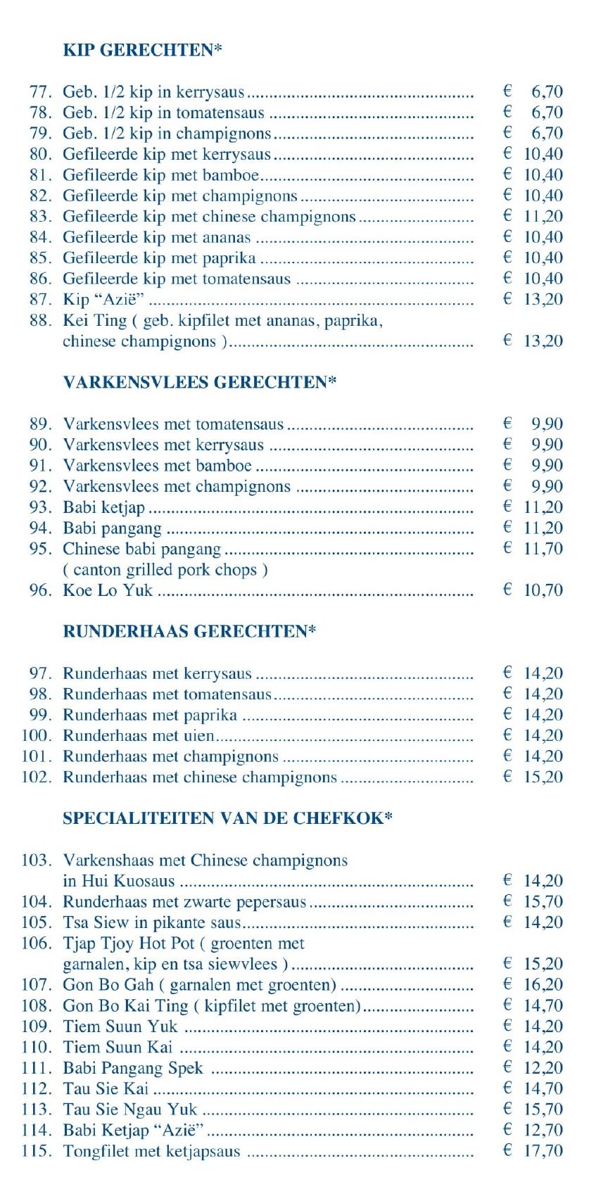 Menu at Restaurant Azie, Ammerzoden