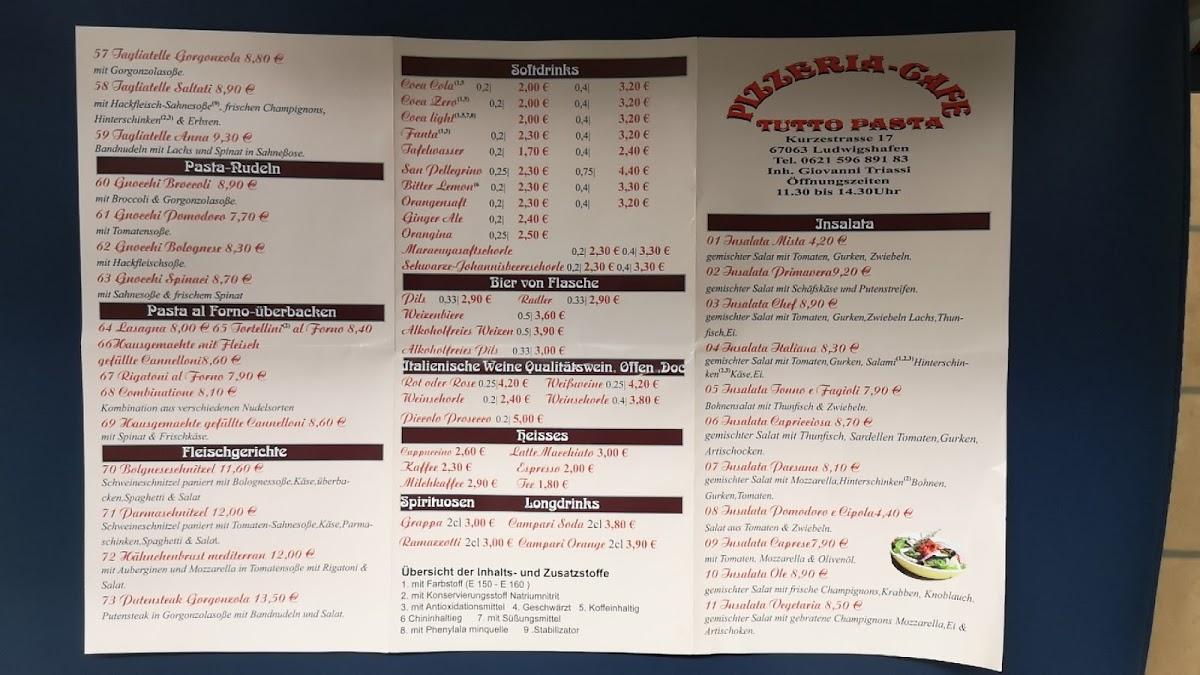 Speisekarte von Ristorante Pizzeria Tutto Pasta, Ludwigshafen am Rhein