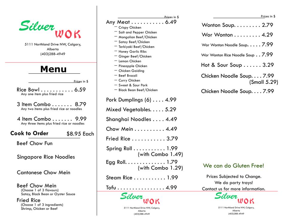 Menu at Silver Wok restaurant, Calgary, Northland Dr NW