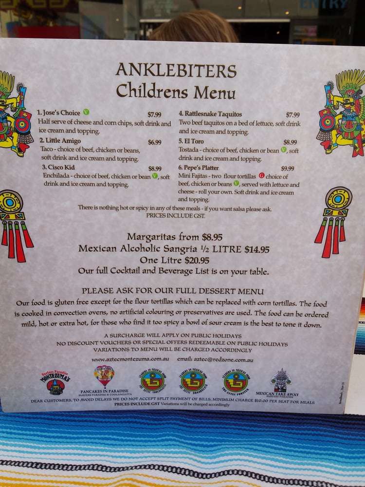 Menu at The Aztec restaurant, Broadbeach, 7 Albert Avenue