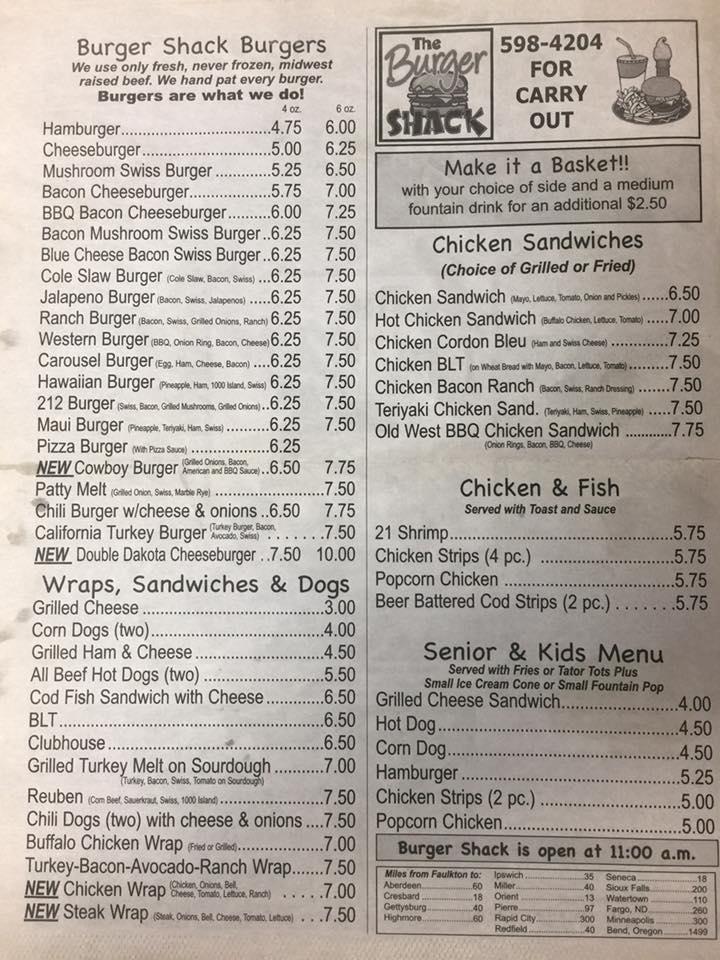 Menu at The Burger Shack restaurant, Faulkton, Main St