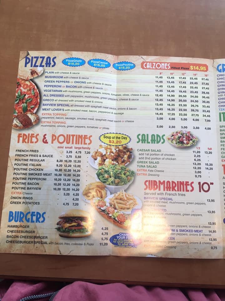 Menu at Bayview Pizzeria, Kahnawake