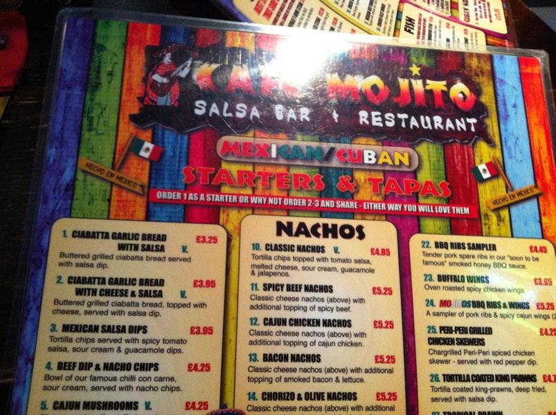 Menu at Cafe Mojito, London