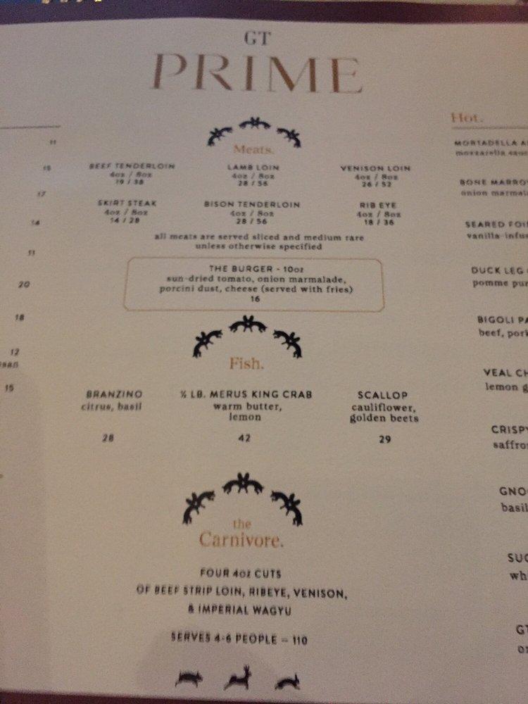 Menu at GT Prime Steakhouse, Chicago, 707 N Wells St
