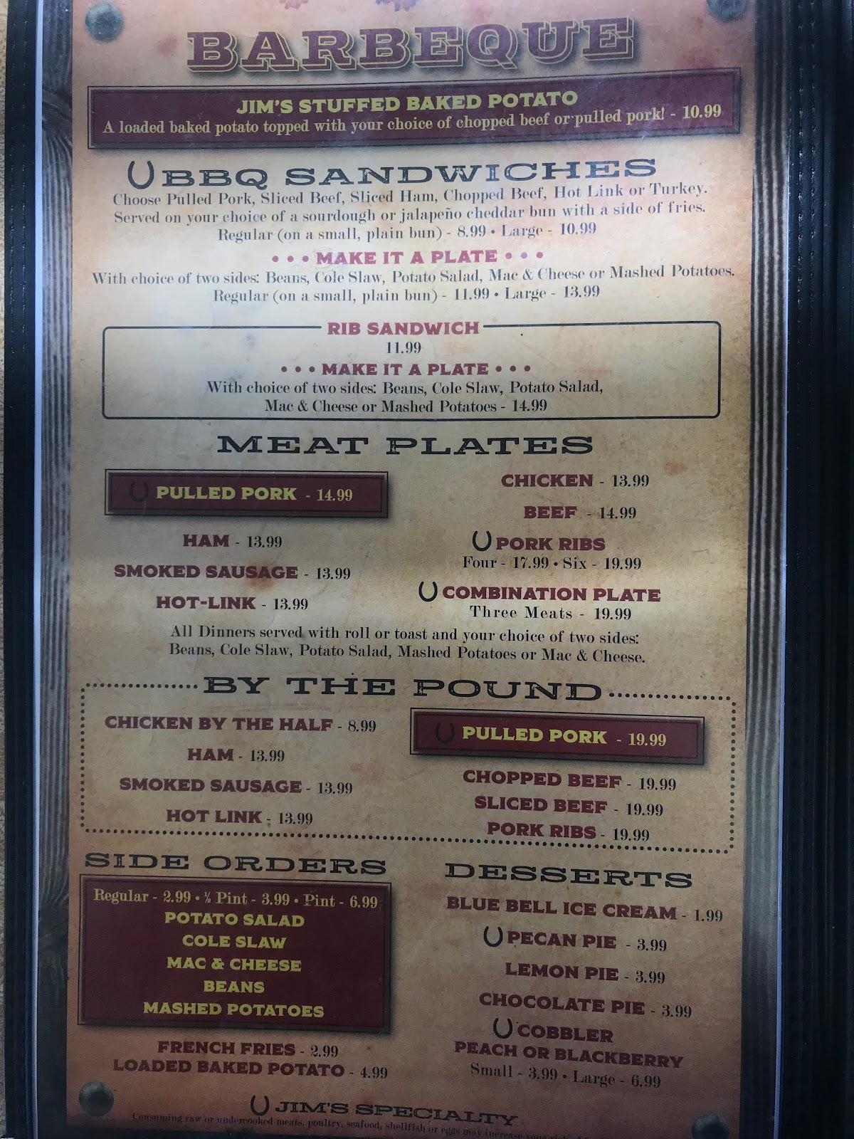 Menu at Jim's BBQ, Waskom