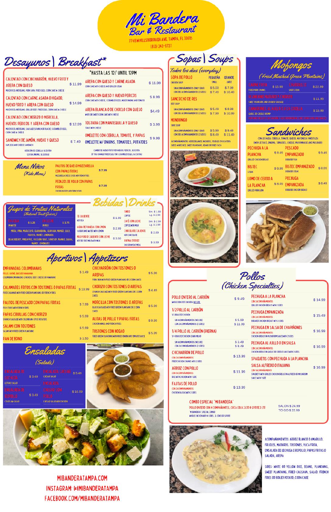 Menu at Mi Bandera restaurant, Tampa