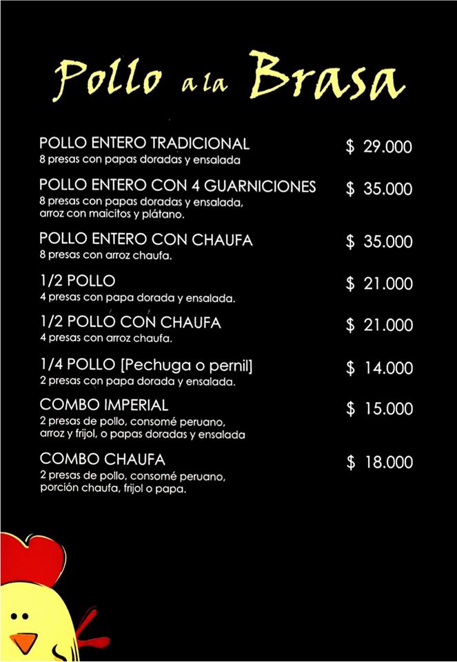 Carta del restaurante PERU CHICKEN, Cali, Av. 8 Nte. #23-94