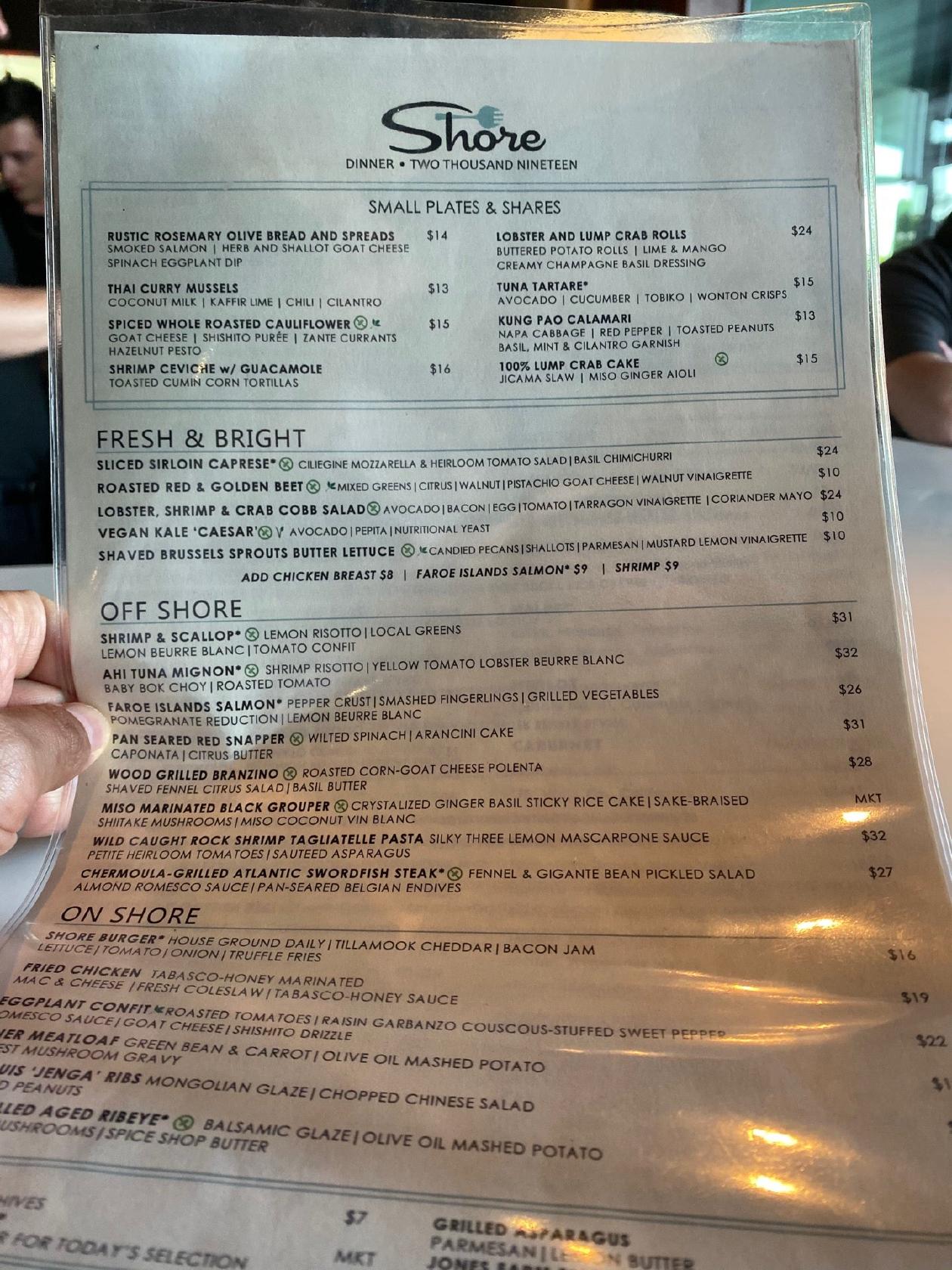 Menu at Shore St. Armands restaurant, Sarasota