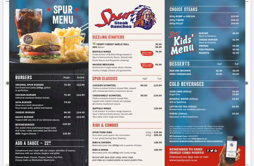 Menu at Tennessee Spur restaurant, Kroonstad
