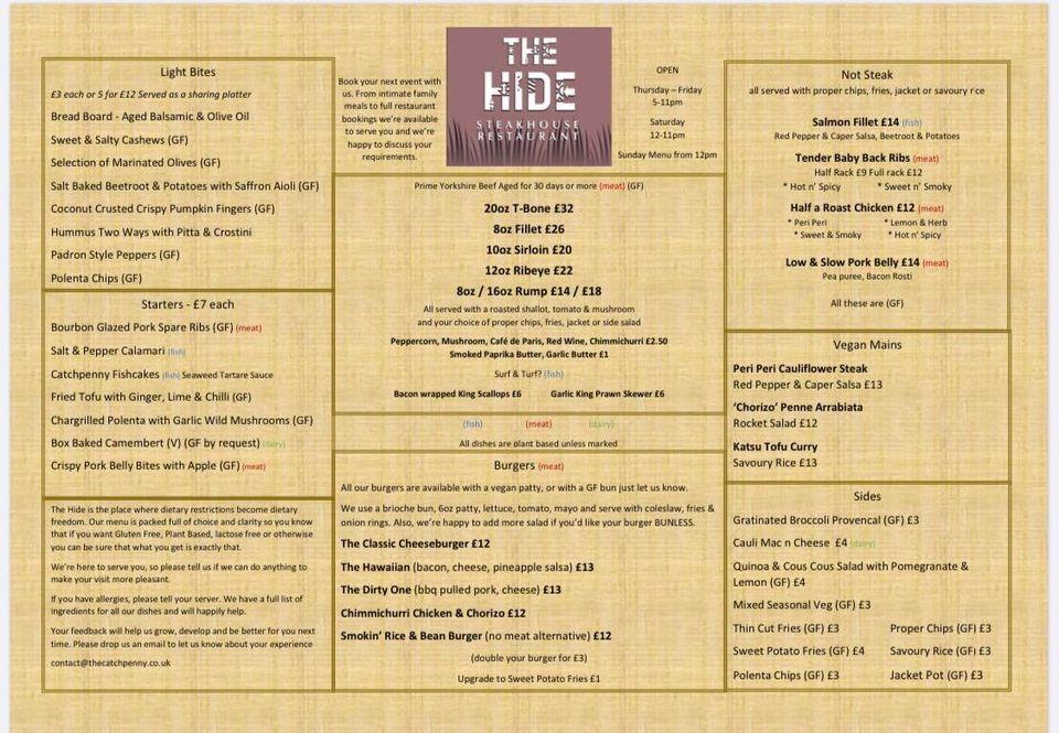 Menu at The Hide Steakhouse, Featherstone