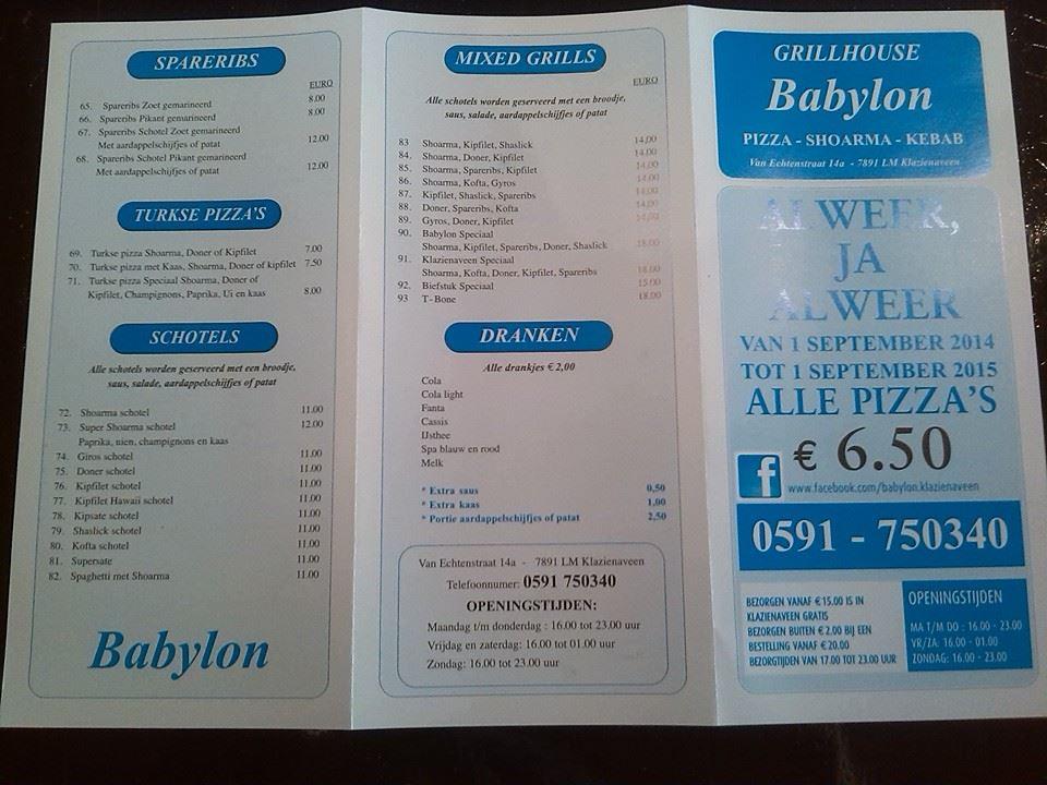 Speisekarte von Babylon Pizzaria/grillhouse, Klazienaveen
