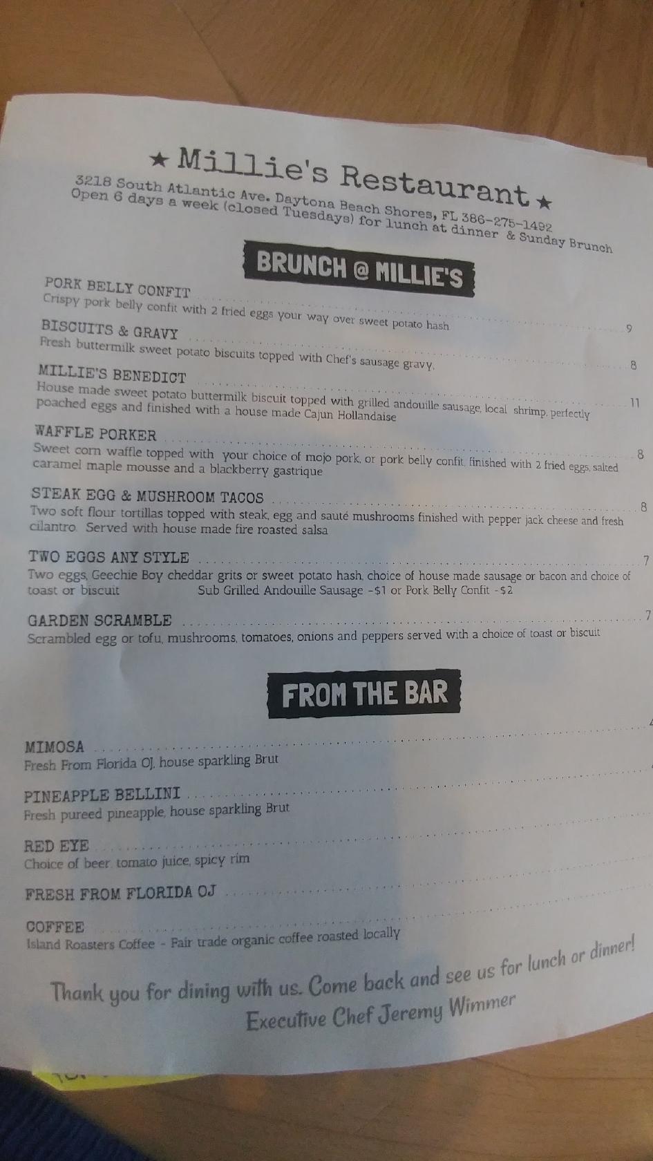 Menu at Millie's Restaurant & Catering, Daytona Beach Shores