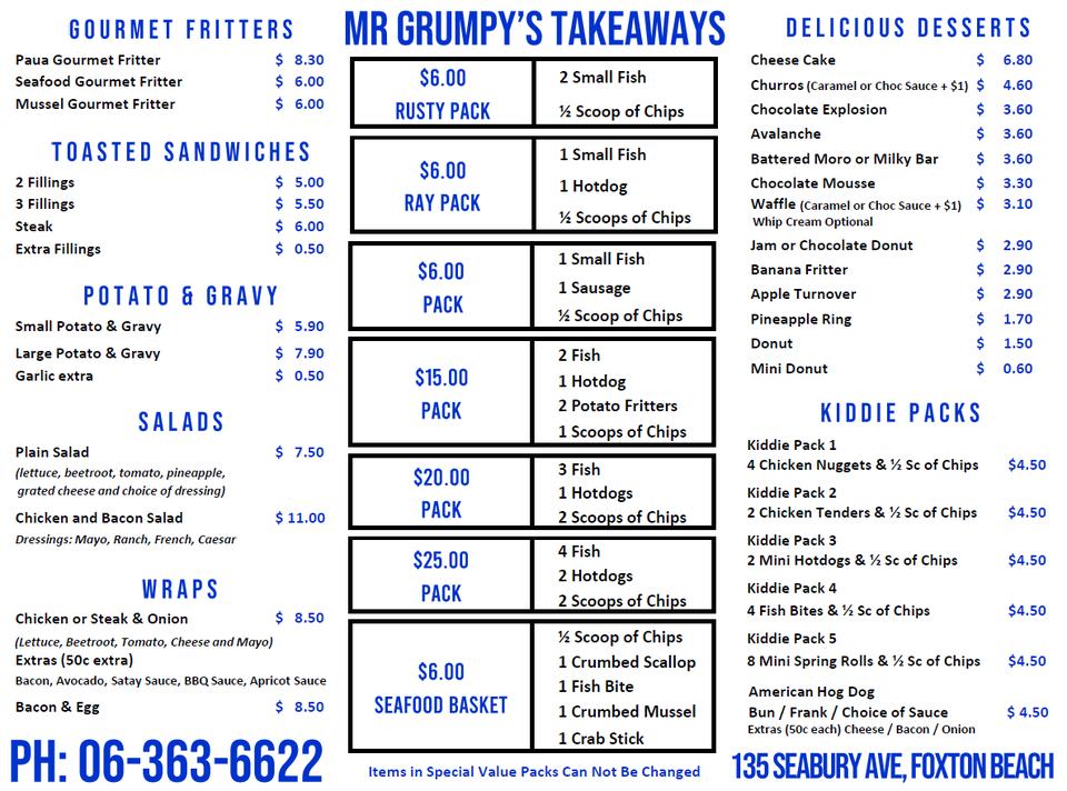 Menu at Mr Grumpys Takeaways restaurant, Foxton, 135 Seabury Ave