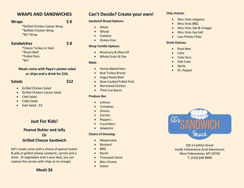 Carta de CC's Sandwich Shack, West Yellowstone