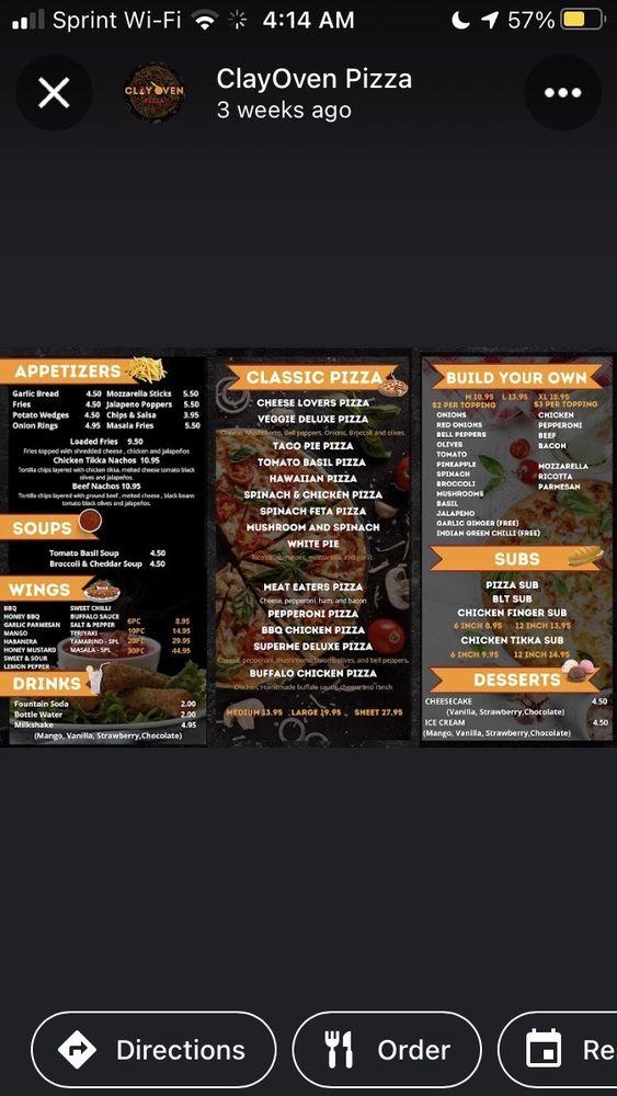 Menu at Clay Oven Pizza pizzeria, Getzville, Millersport Hwy