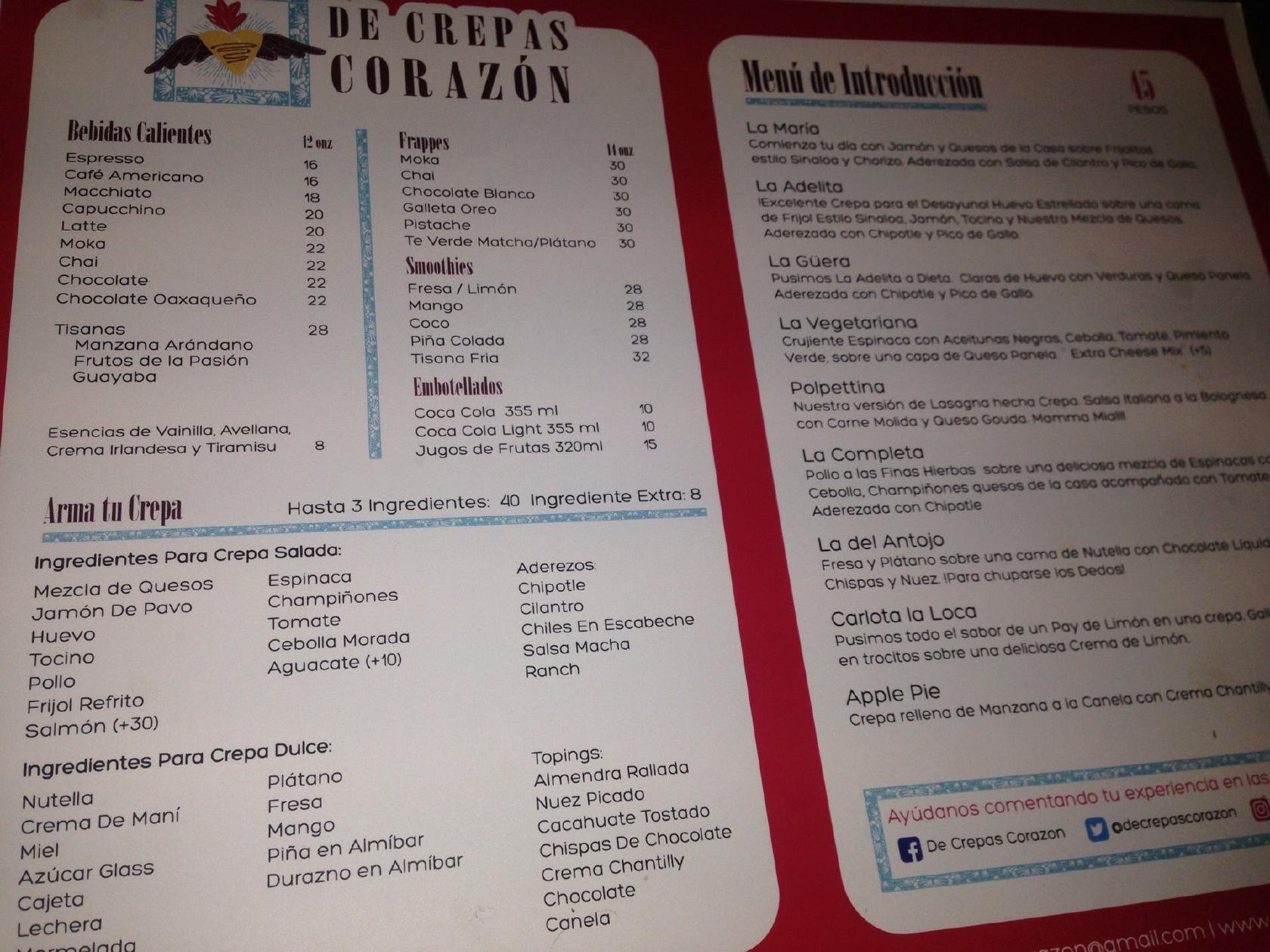 Menu at De Crepas Corazón cafe, Mexico City, Ixcateopan 72