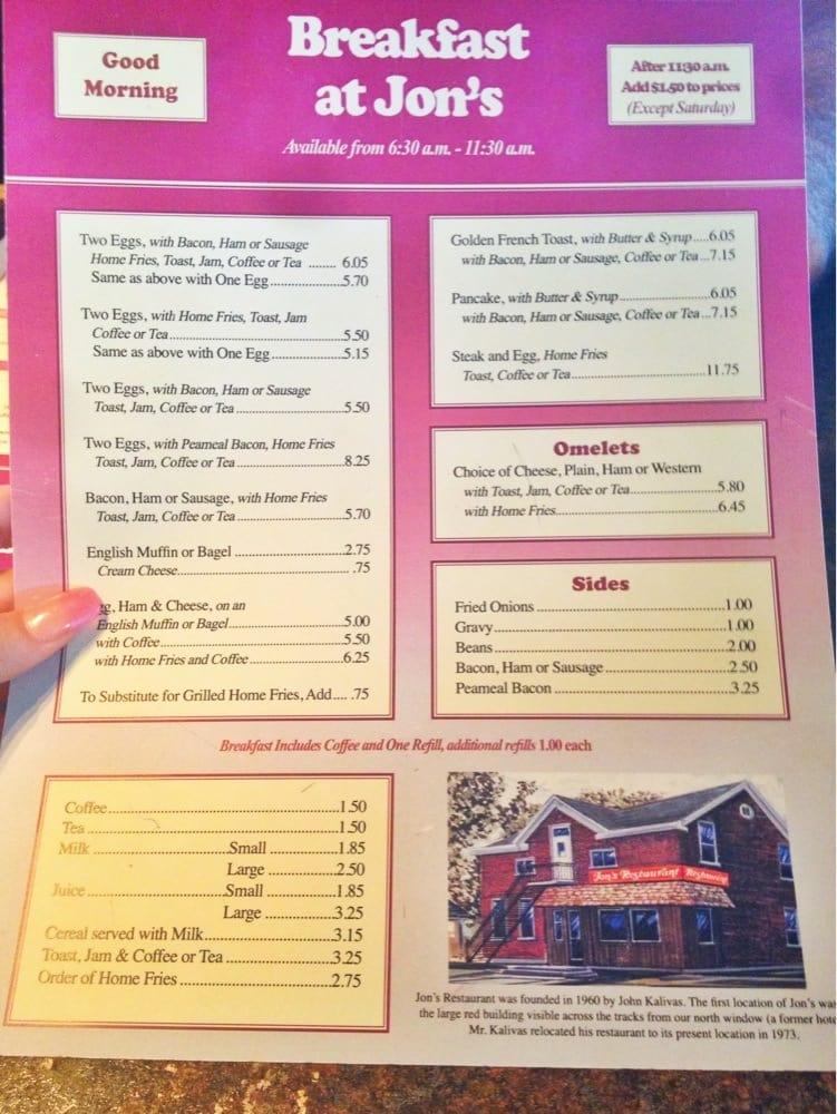 Menu at Jon's Restaurant, Brockville