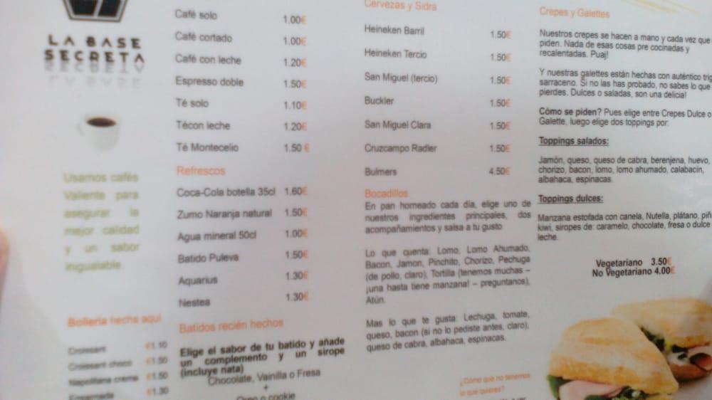 Carta de La Base Secreta Café, Valencia