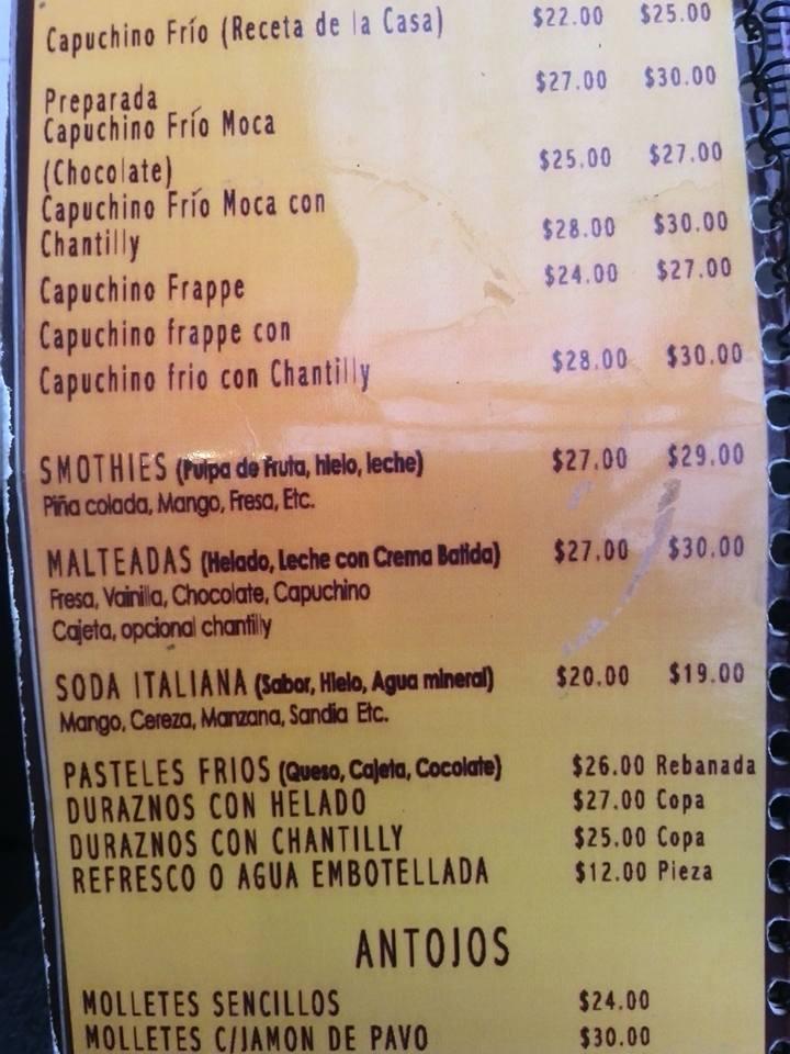 Menu at La flor del sureste cafe, Mexico City, C. Damasco 78