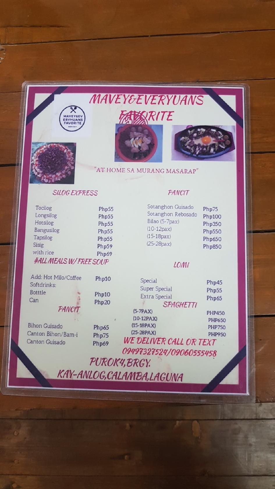 Menu at Mavey and everyuans lomi house restaurant, Calamba