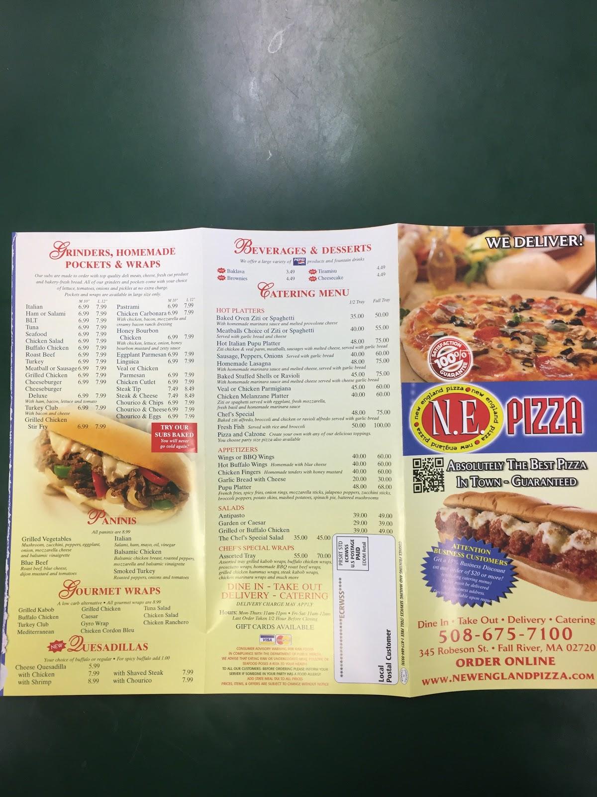 Menu at New England Pizza pizzeria, Fall River, 345 Robeson St # 2