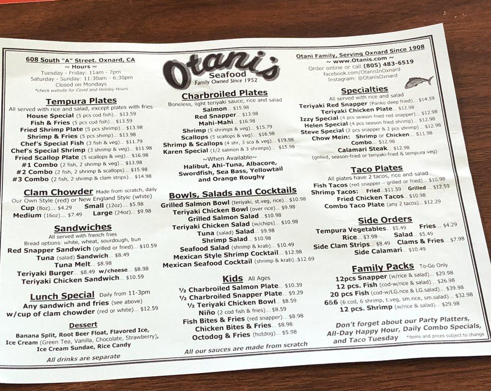Menu at Otani's Seafood restaurant, Oxnard